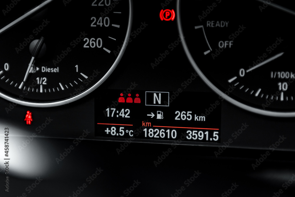 Screen display of car status on dashboard panel symbols which show the ...