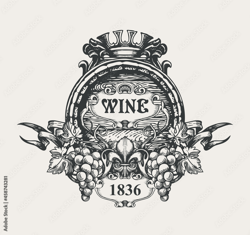 Hand-drawn vector banner with the inscription Wine, a large wooden ...