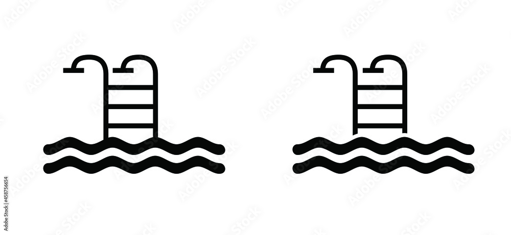 Safety grab bars ladder or steps in blue swimming pool. Flat vertor ...