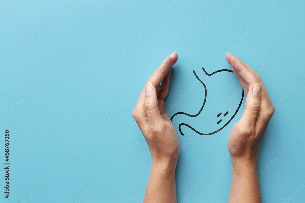 drawing of a stomach in the hands of a person. A symbol of protection ...