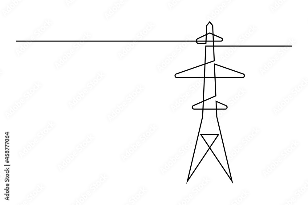 Power line in continuous line art drawing style. Abstract tower with ...
