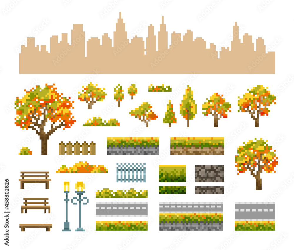 Vettoriale Stock Pixel art urban autumn landscape with park element and ...