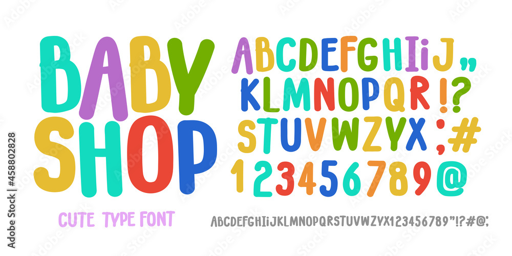 Baby Shop cute cartoon doodle type font alphabet with numbers ...