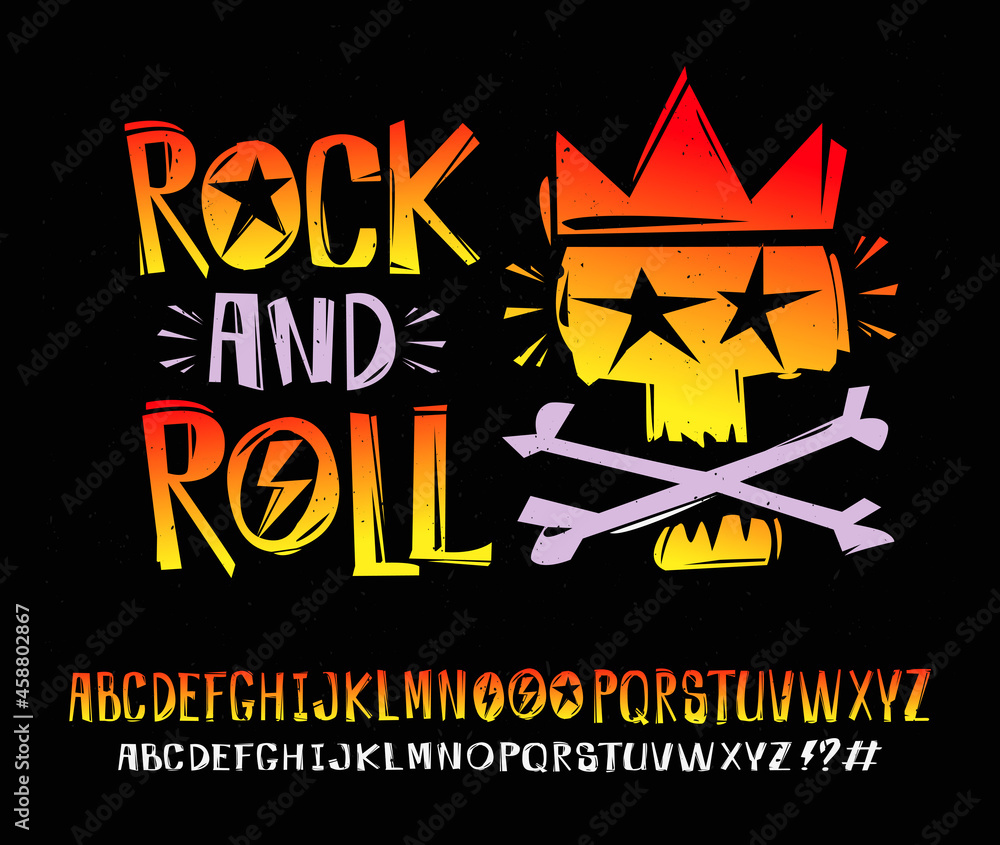 Rock n roll grunge style type font and doodle skull poster - vector ...