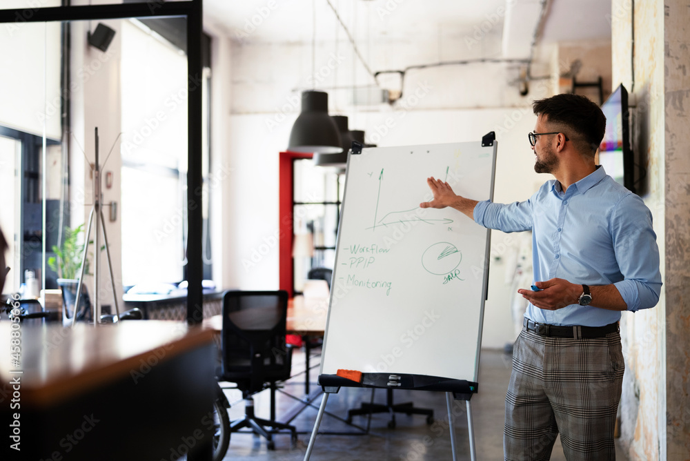 Businessman present his idea to working team. Young happy man ...