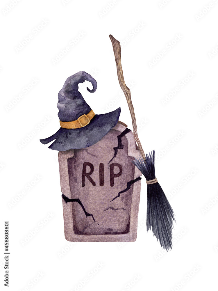 Watercolor hand drawn headstone with witch hat and broom. Nice ...