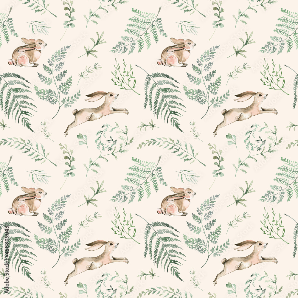 Woodland seamless pattern for fabric, Watercolor forest animals ...