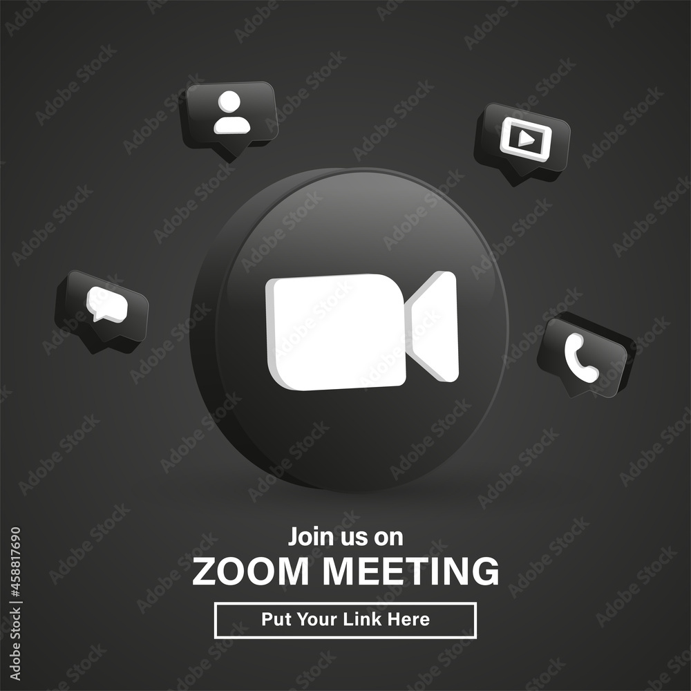 join us on zoom meeting for social media icons banner in 3d round black ...