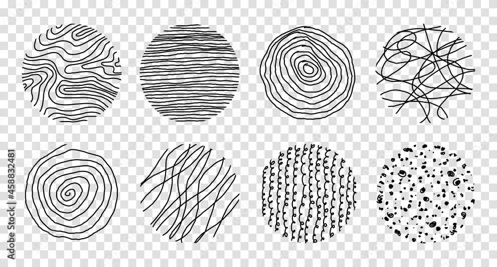 Set of round Abstract Patterns. Hand drawn doodle shapes. Spots, Curves ...