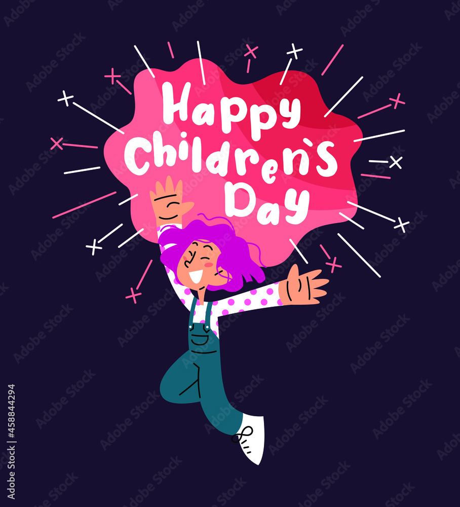 Cute girl jumping high with sparkling happy children`s day flat vector ...
