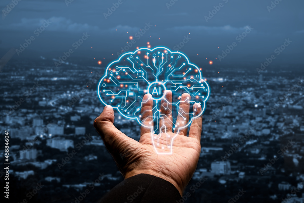 Artificial Intelligence AI, Businessman hand holding holographic brain ...