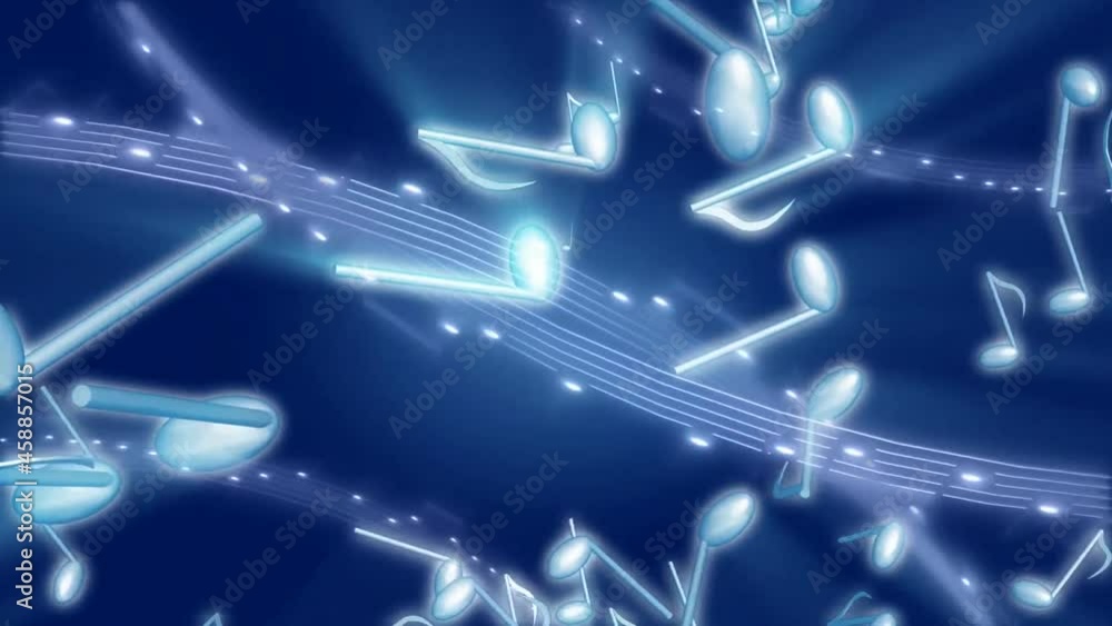 A musical staff, notes and and musical symbols float in mid-air on a ...