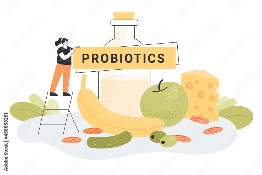 Tiny cartoon character with probiotics sign and healthy food. Products ...