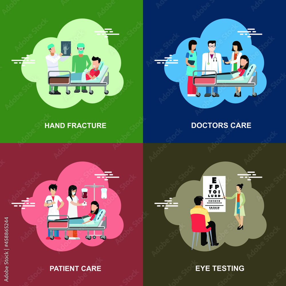 Hand fracture, patient care, doctors care, eye testing flat icon ...