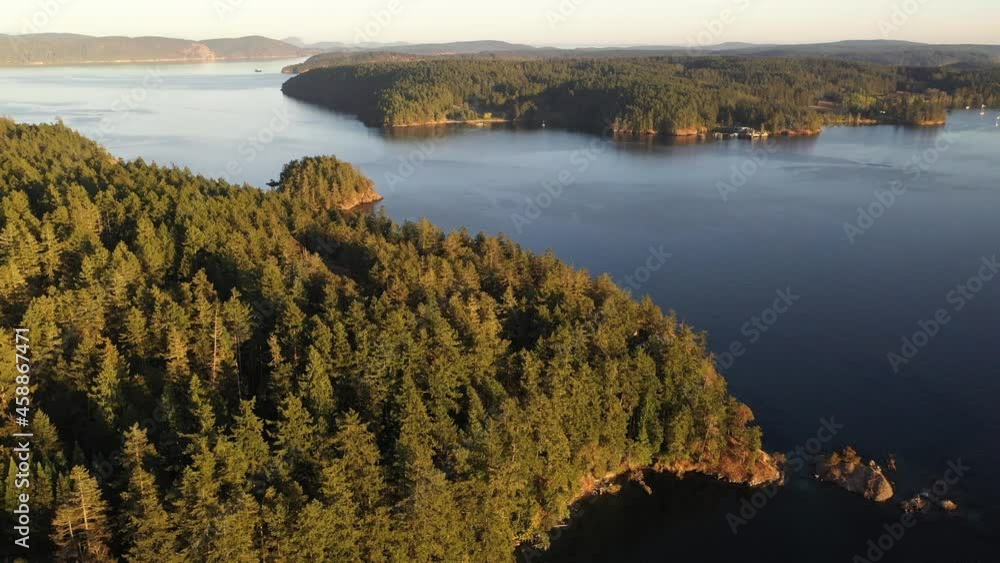 Cinematic 4K panning aerial drone footage of Orcas Island, sailboats ...