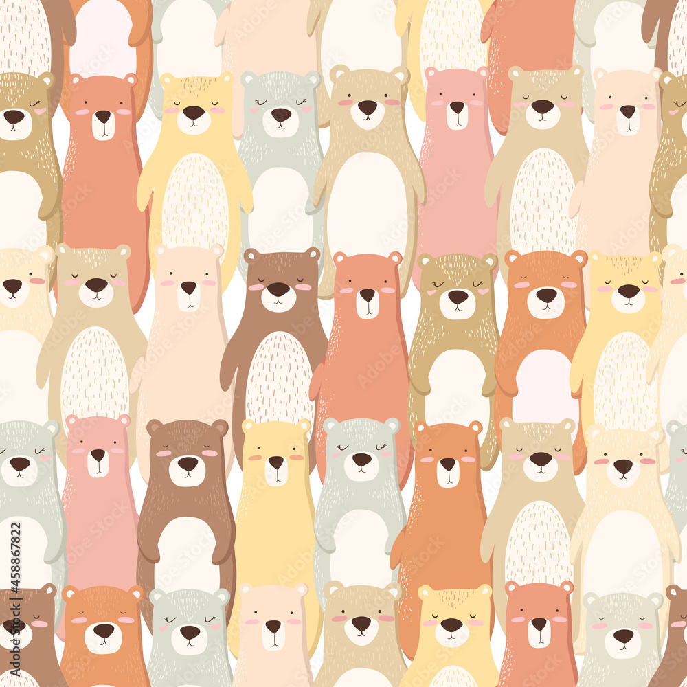 Vector seamless pattern with colorful hand drawn cute bears isolated on white background. Cute ...