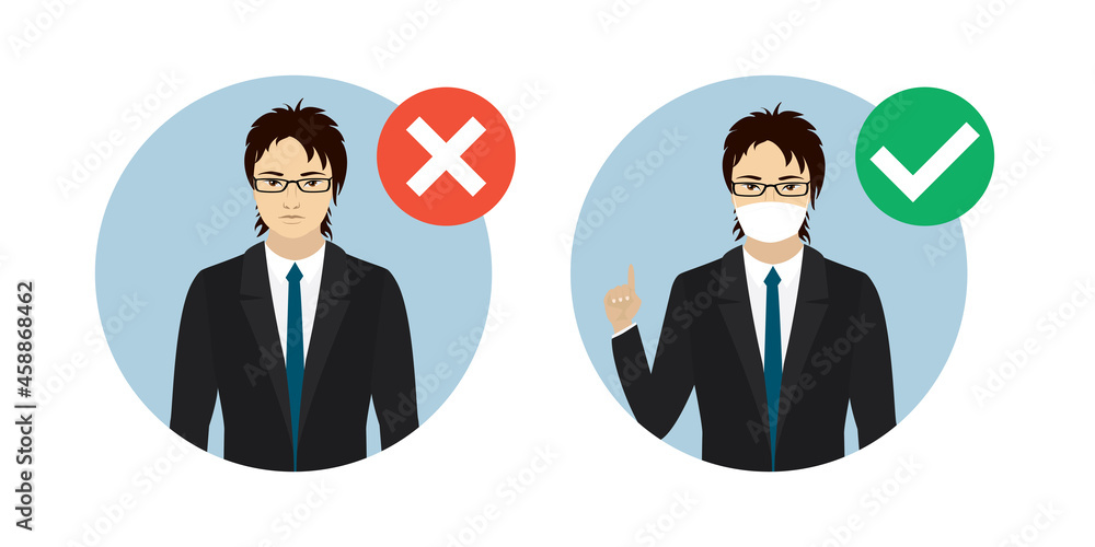 Male character without mask and asian man in protective medical mask ...