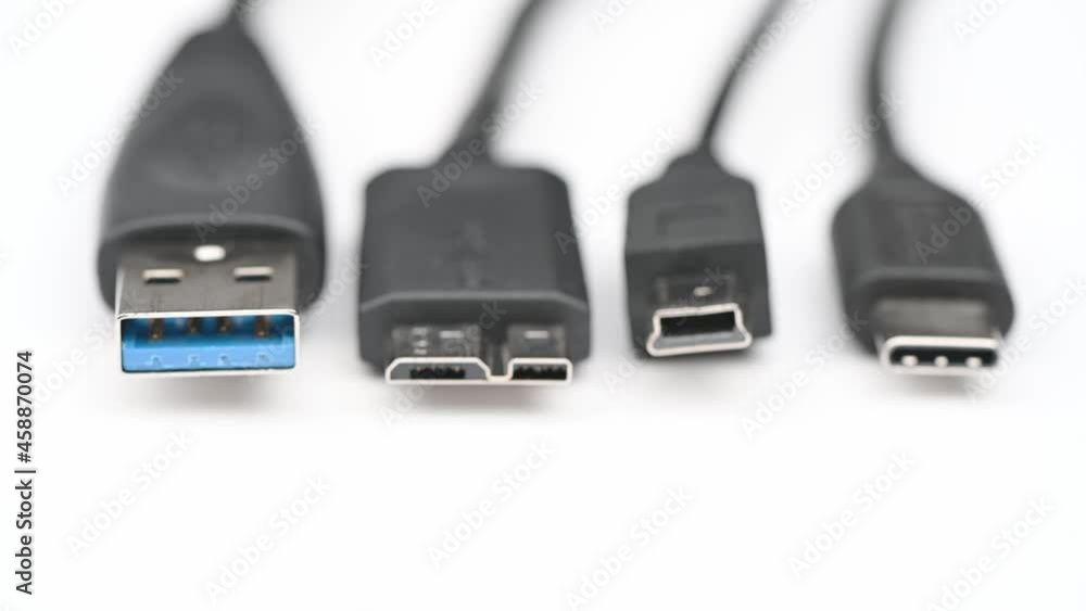Close up comparison of USB type A type B type C mini micro USB ...