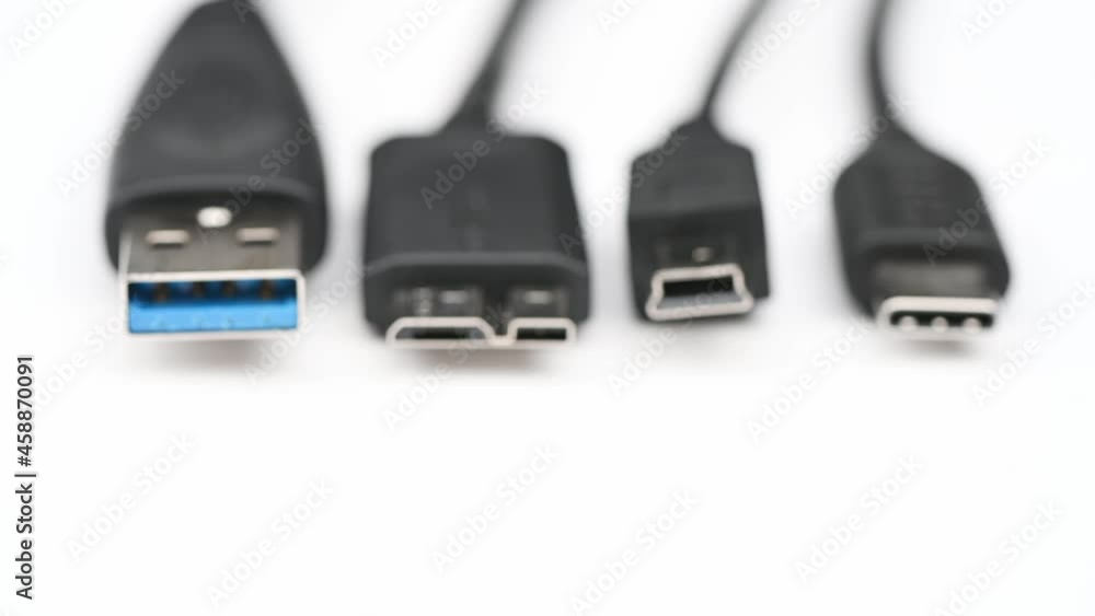 Video Stock Close up comparison of USB type A type B type C mini micro ...
