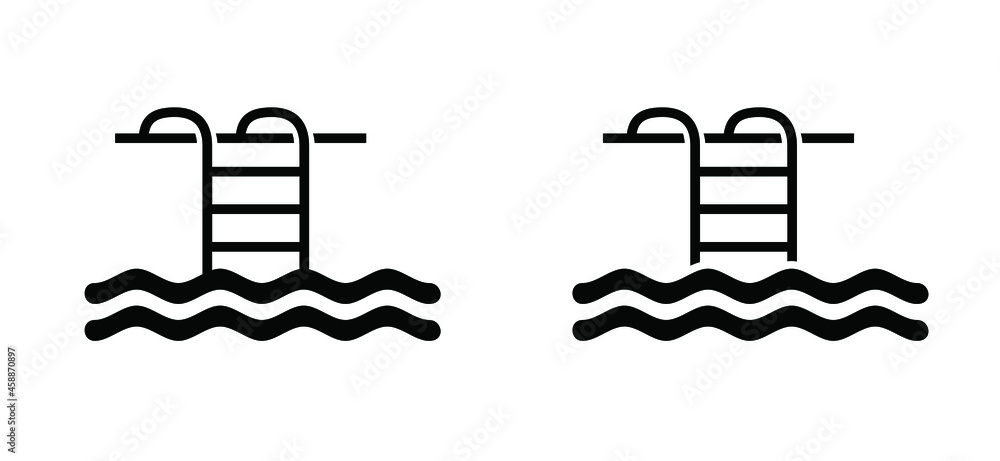 Safety grab bars ladder or steps in blue swimming pool. Flat vertor ...