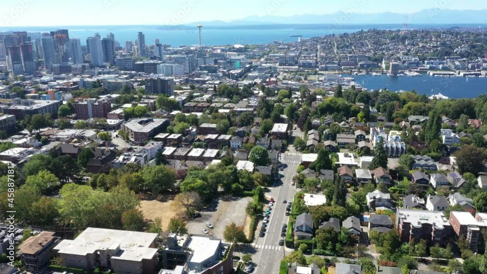 Cinematic 4K bird's-eye drone 360 clip of downtown Seattle, Uptown ...