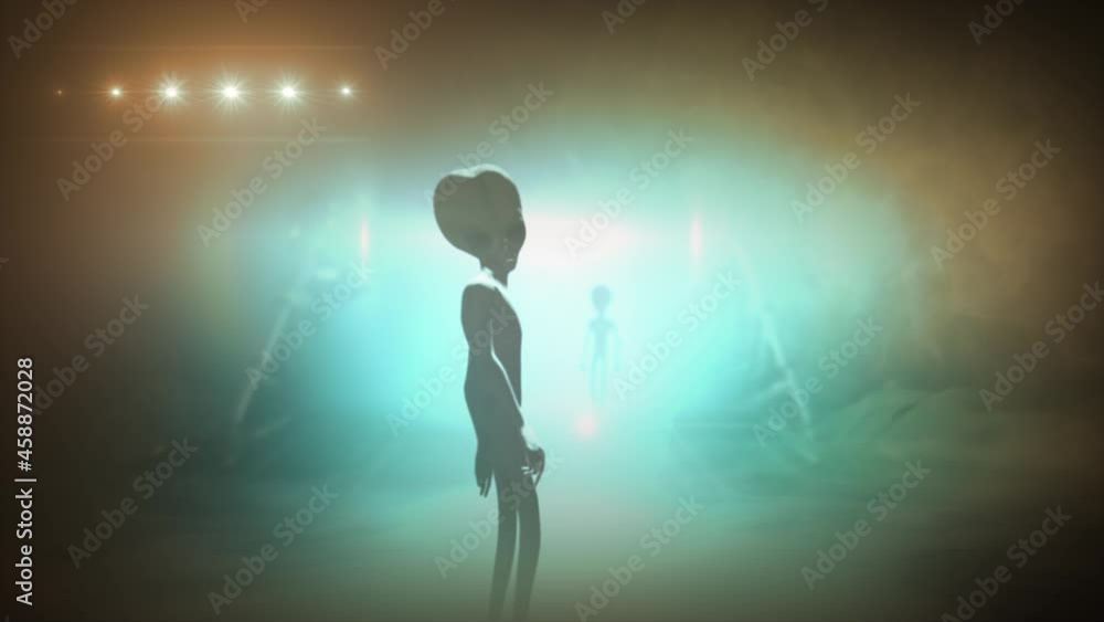3D CGI VFX animation of a classic Roswell grey alien turning to look ...
