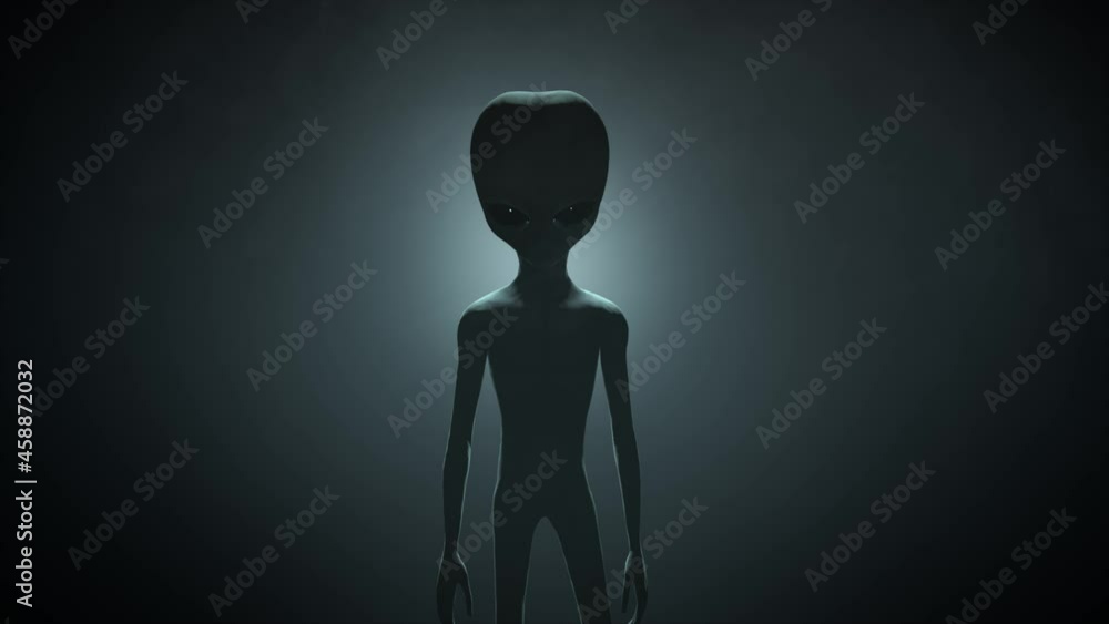 3D CGI VFX animation of a classic Roswell style grey alien on a dark ...