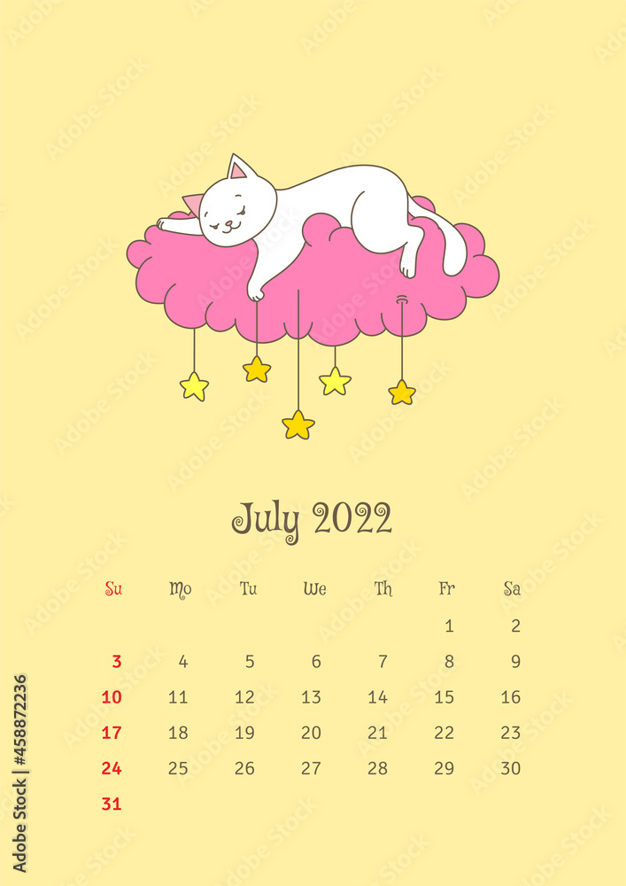 July 2022 calendar. Calendar template decorated with a cute white cat ...