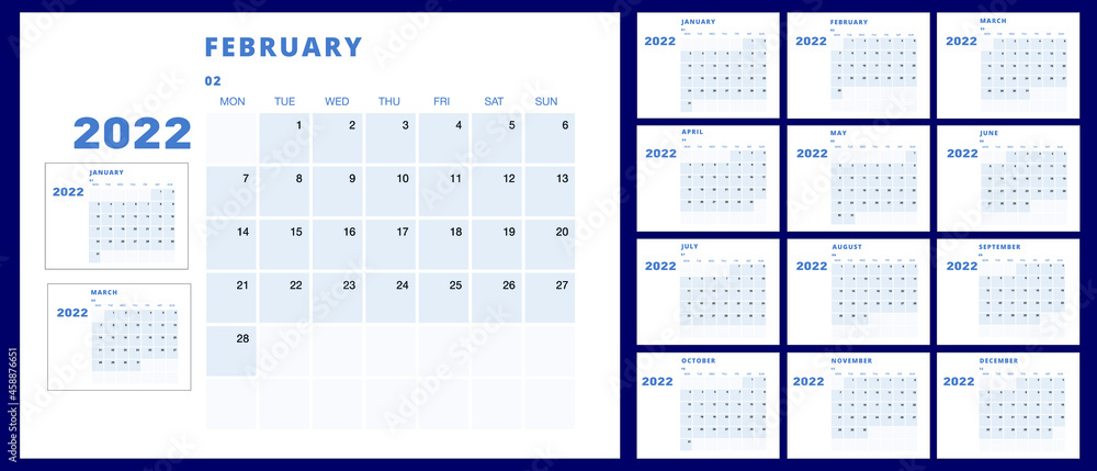 Calendar template for 2022. All months from January to December. For ...