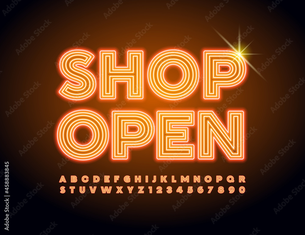 Vector neon sign Shop Open. Light Tube Font. Creative Illuminated Led ...