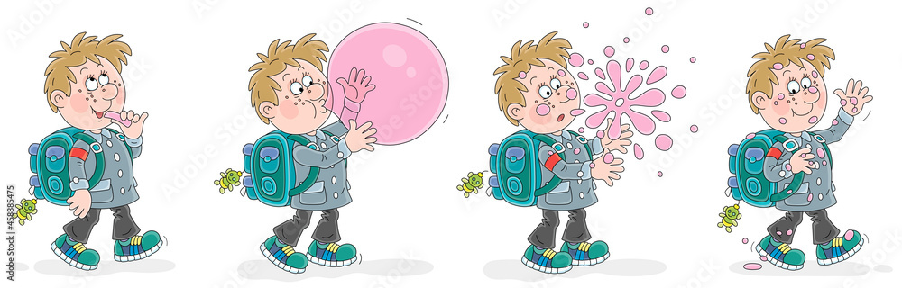 Comic strip of a cheerful little schoolboy with a backpack walking to ...