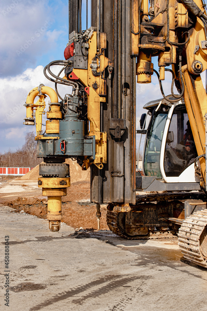 Powerful hydraulic drilling rig on a construction site. Installation of ...