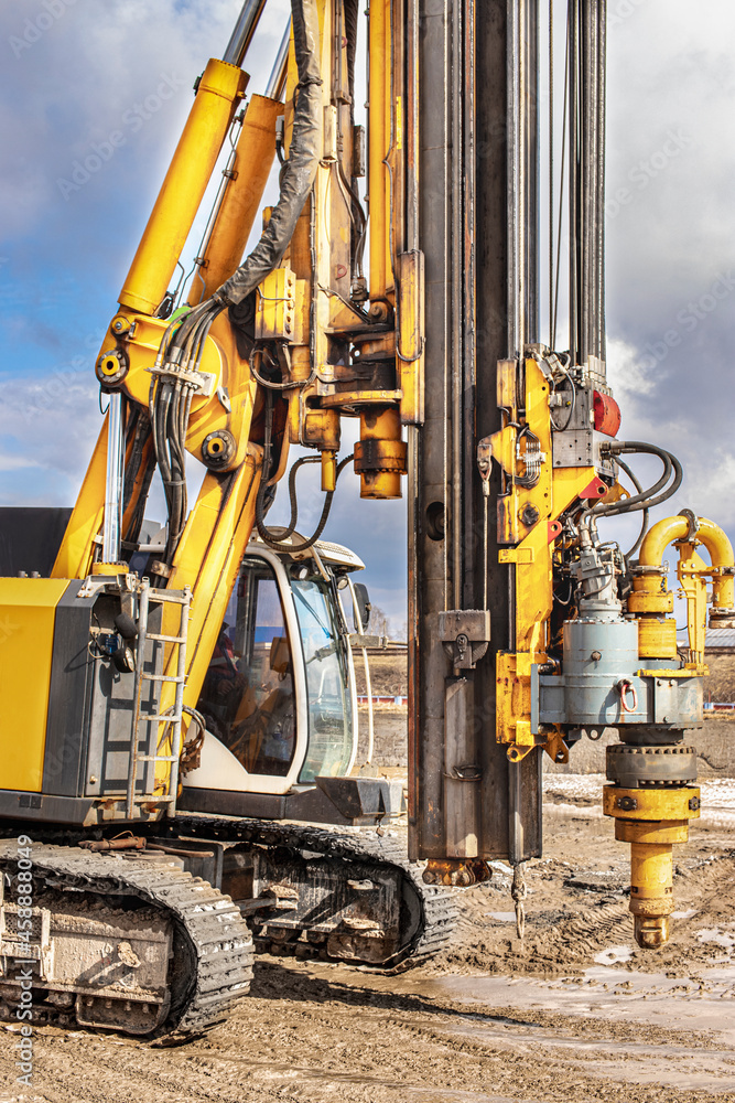Powerful hydraulic drilling rig on a construction site. Installation of ...