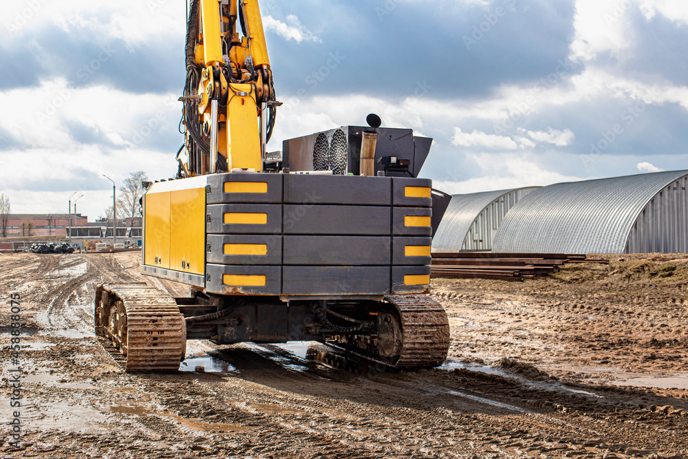 Powerful hydraulic drilling rig on a construction site. Installation of ...