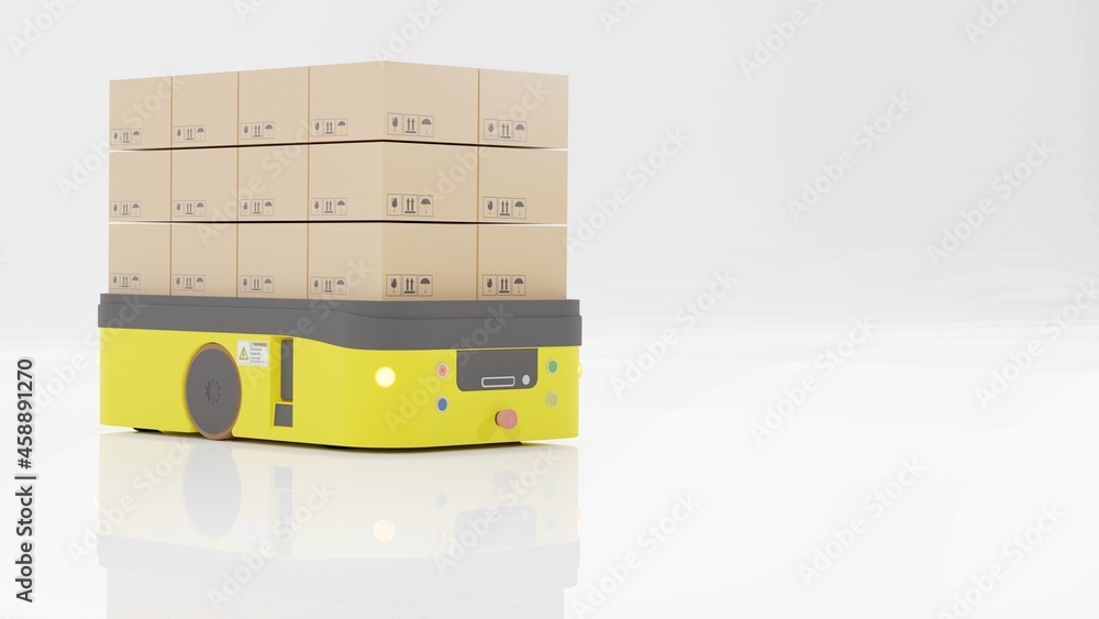 AGV (Automated guided vehicle) with cartons on white background. 3D ...