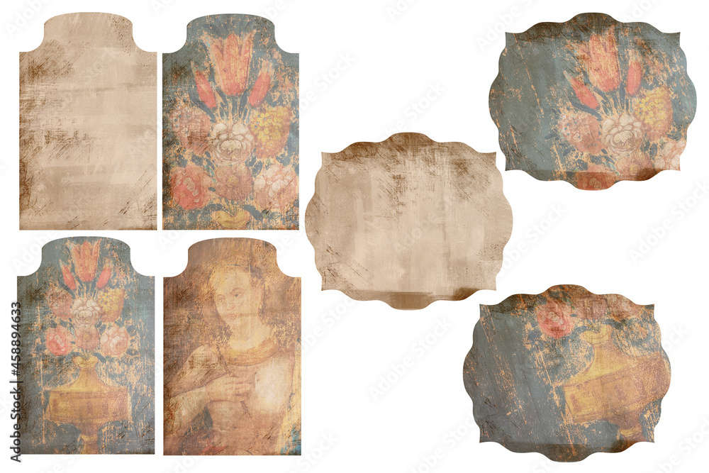 Vintage scrapbook embellishments. Labels, gift tags kit on white ...