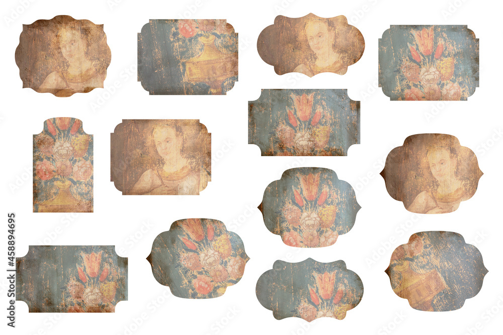 Vintage scrapbook embellishments. Labels, gift tags set on white. Junk ...