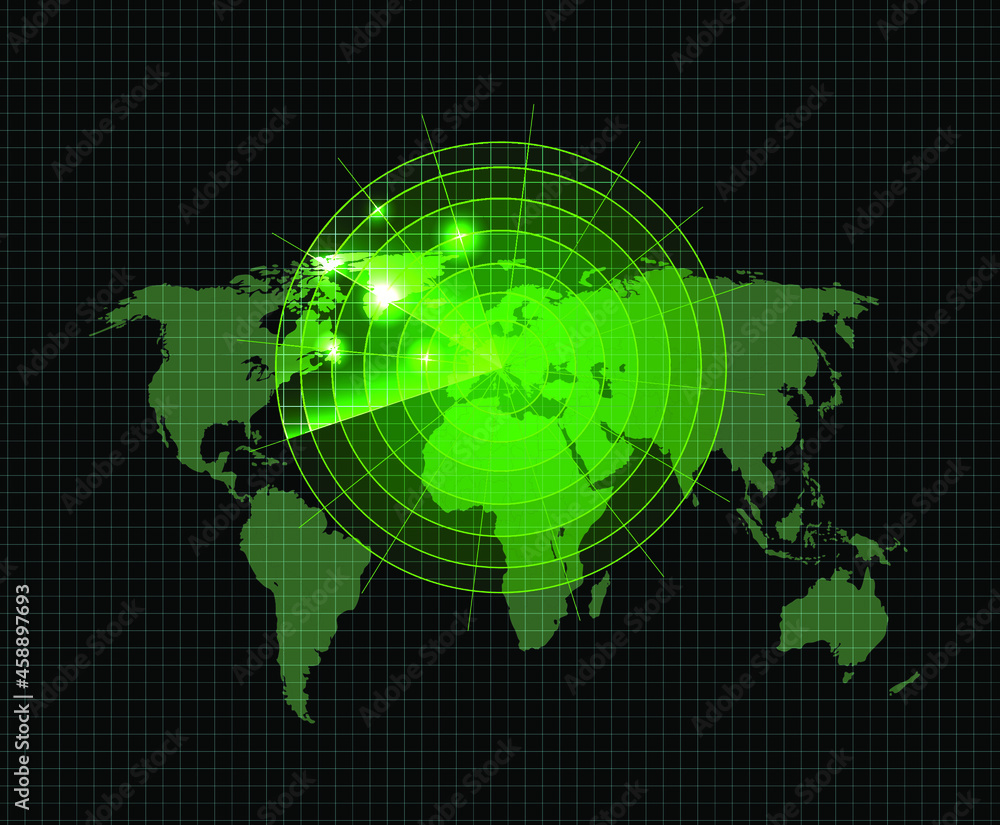 Vector Glowing Radar on World Map, Green Circles, Technology ...