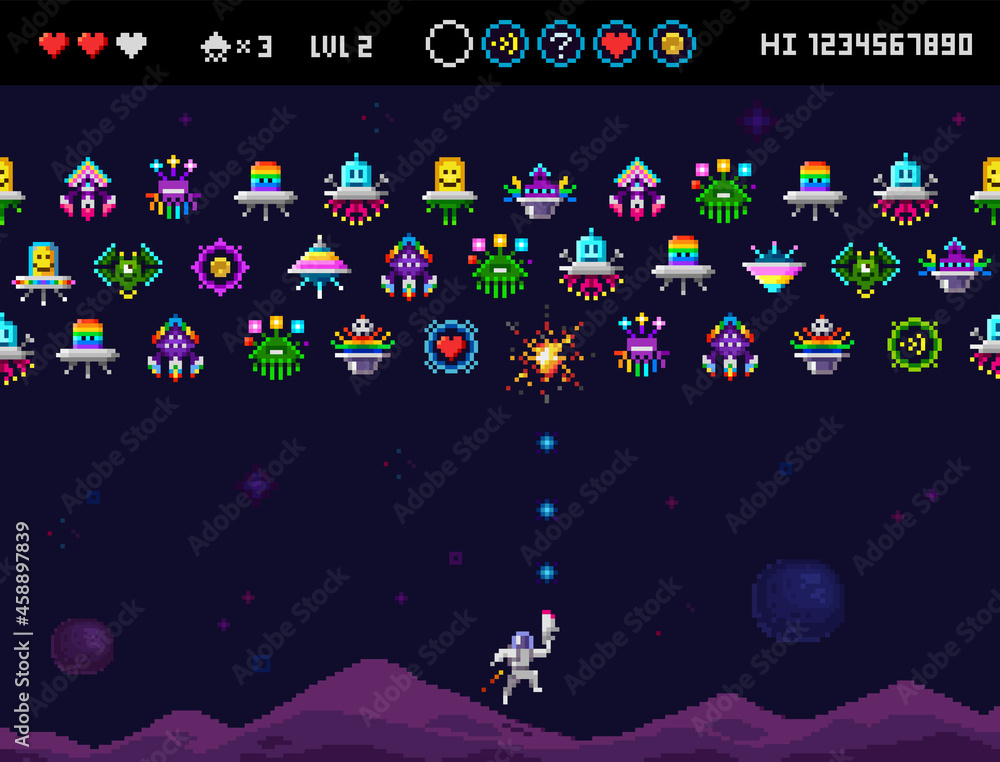 Pixel Art 8 bit space arcade game with monsters, ufo aliens, space ...
