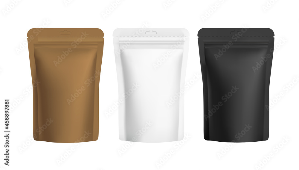 Realistic vector coffee zip package mock-up design on white background ...