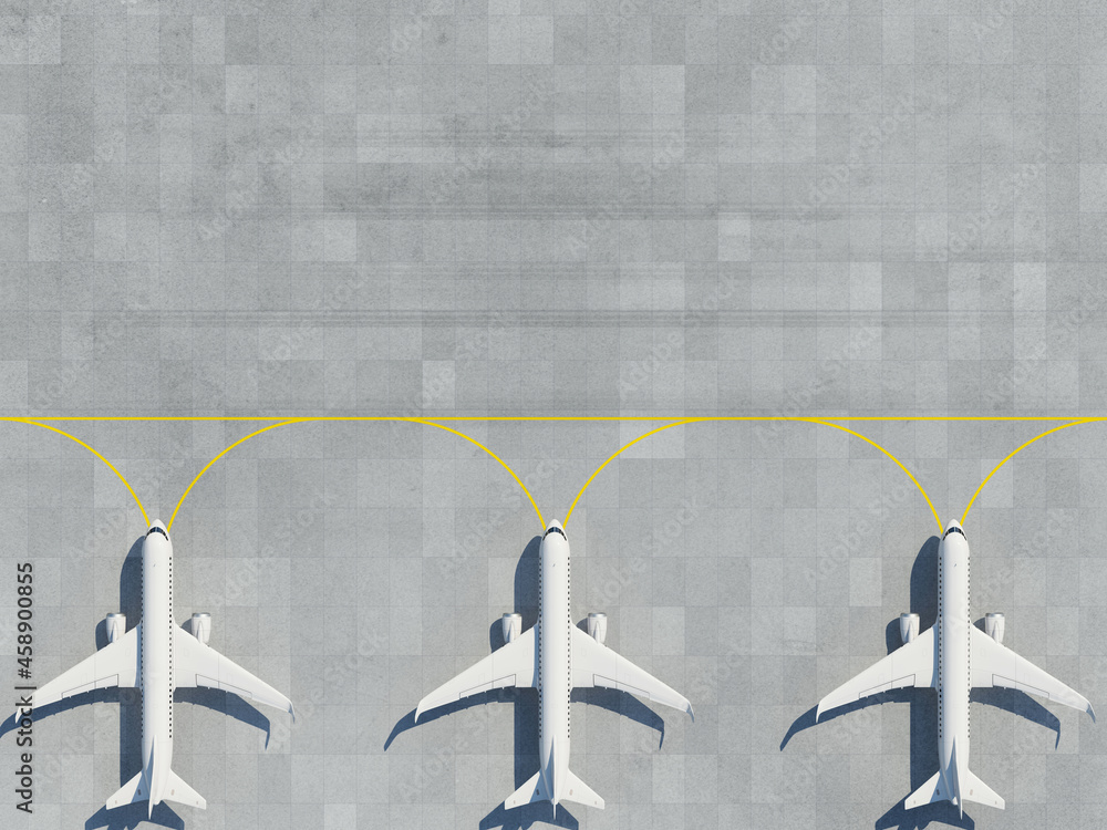 Aircrafts standing in row on the concrete runway. Overhead view with ...