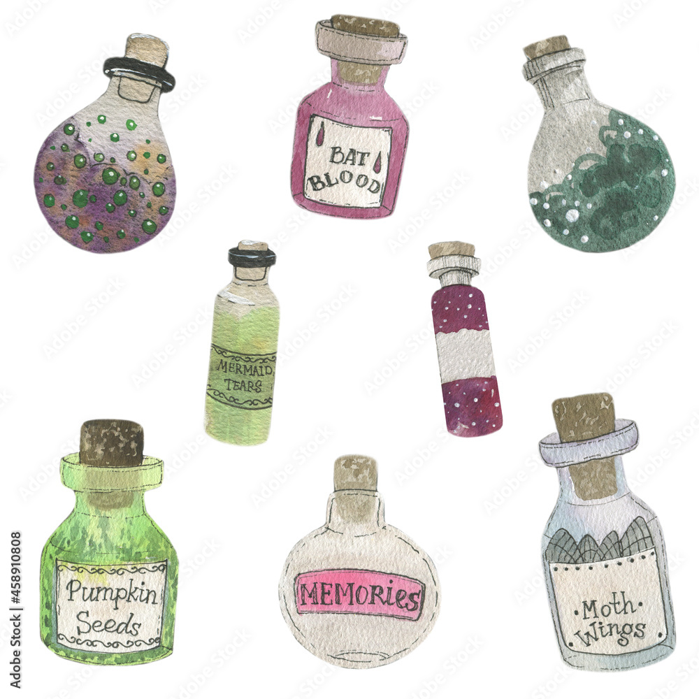 Watercolor witch potions Stock Illustration | Adobe Stock