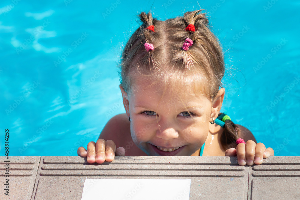 Portrait of happy caucasian little girl of five years old in the ...