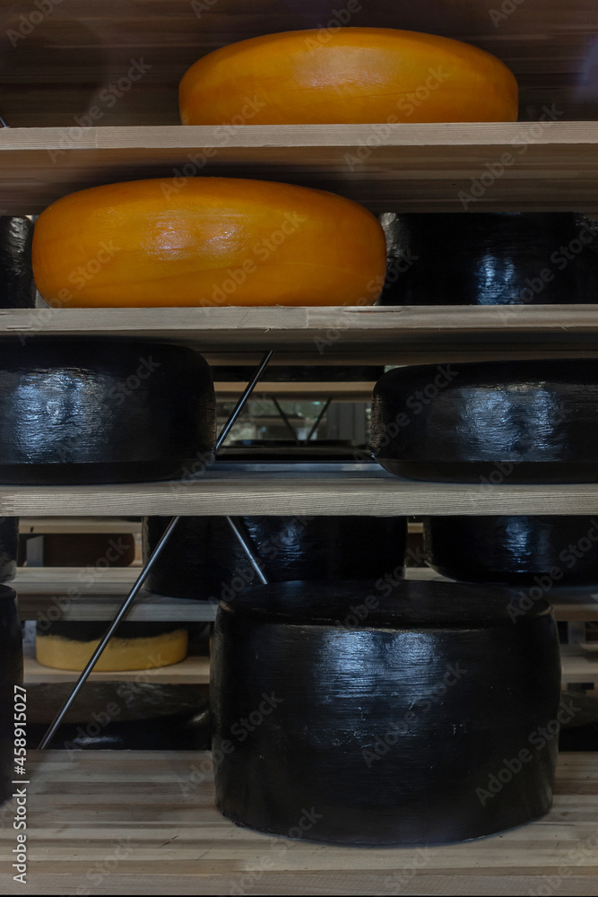 Production shelves of a cheese dairy with aged old cheese, storage and ...