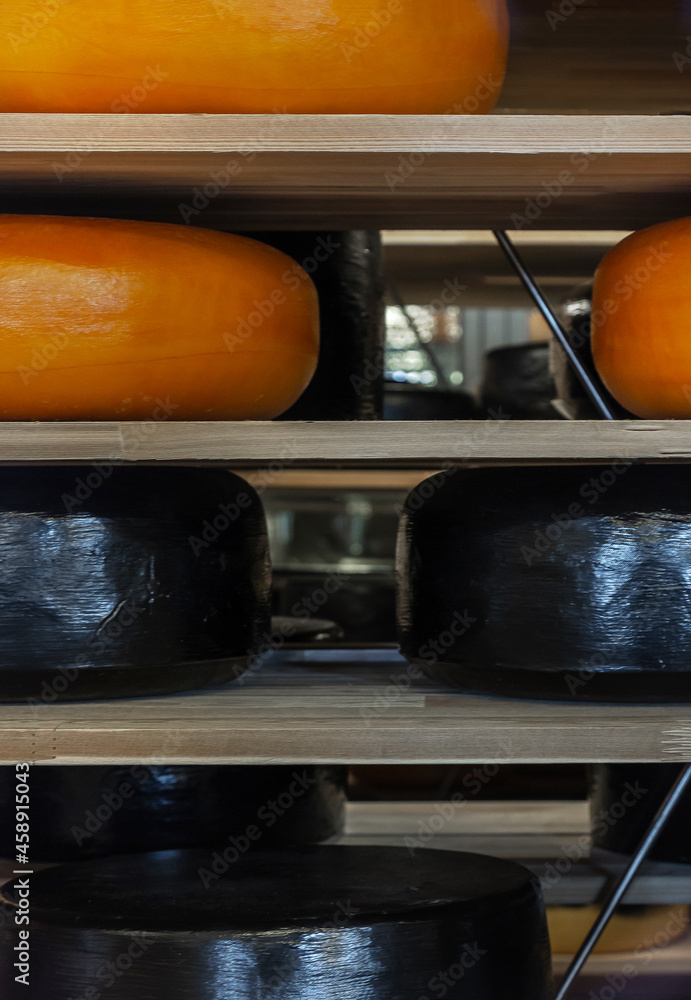 Production shelves of a cheese dairy with aged old cheese, storage and ...