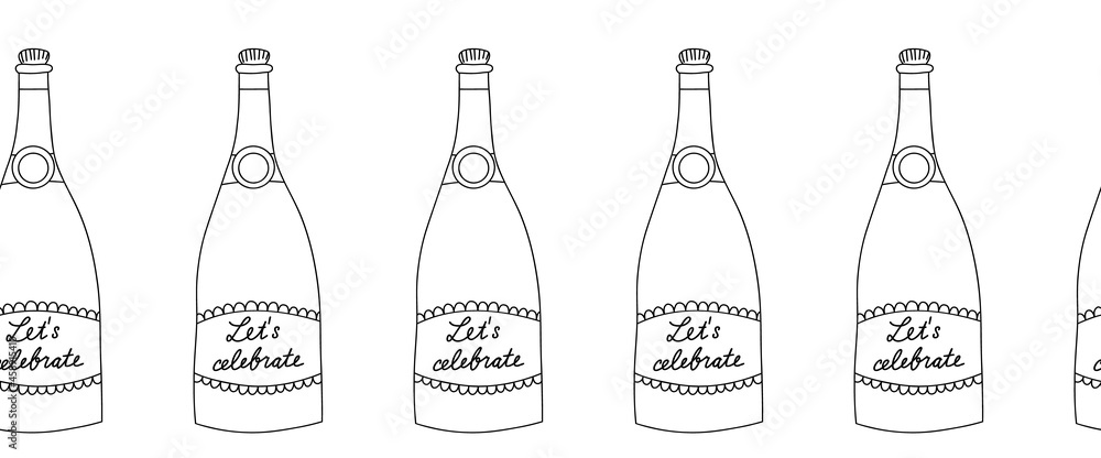 Champagne bottle seamless vector border line art. Hand drawn elegant ...