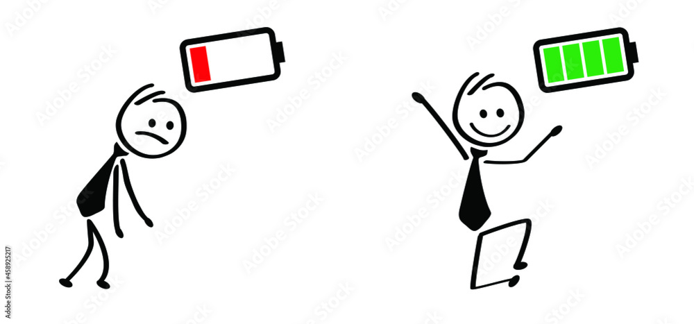 Life energy. Stickman, Businessman with red low battery and stick man ...