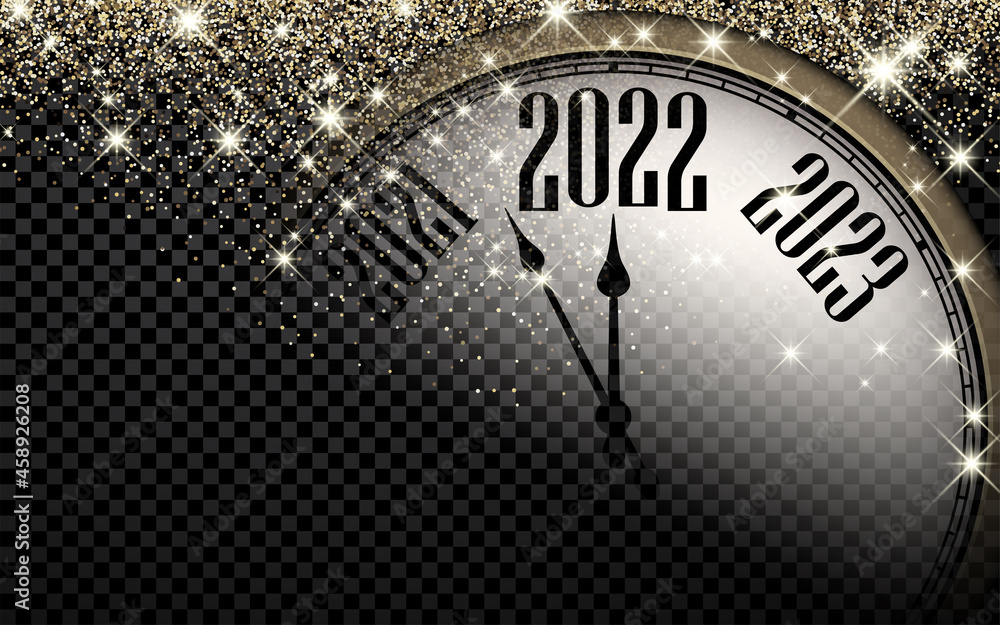 Half hidden clock showing 2022 with stars confetti. Stock Vector ...