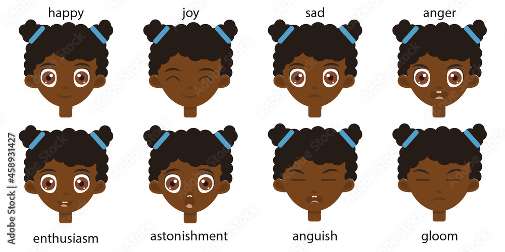 Black girl portraits collection of different happy and sad emotions on ...