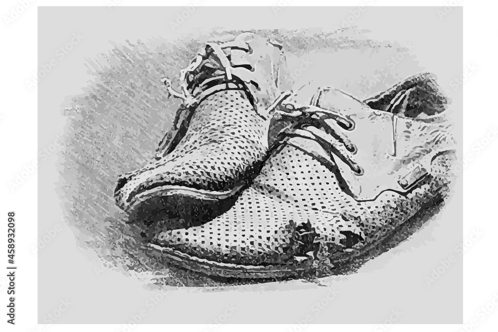 Pencil drawing Old torn shoes. A pair of men's heavily worn leather ...